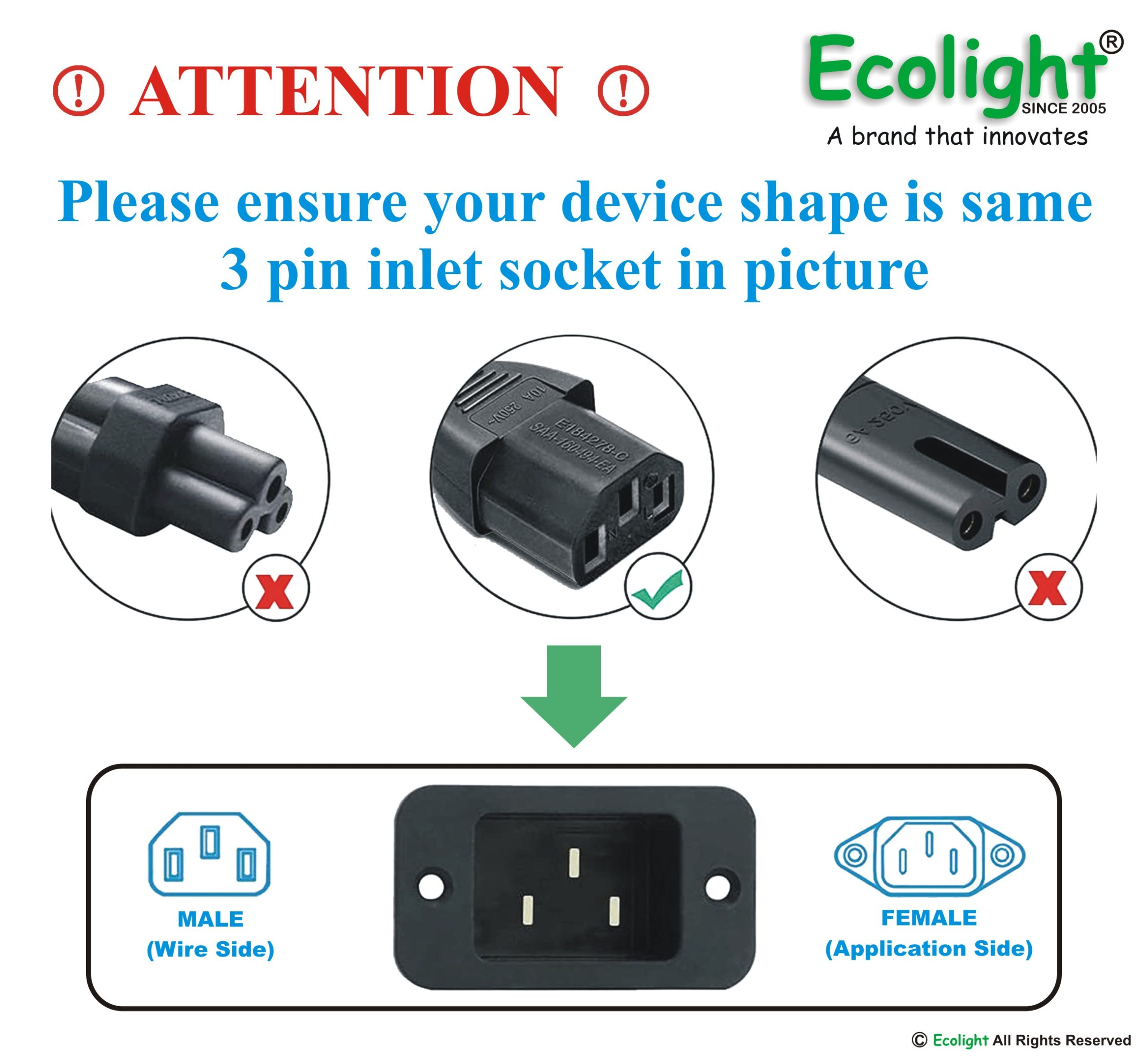 3 pin India Plug IEC Mains Cord Computer Power Cable, Replacement for ...