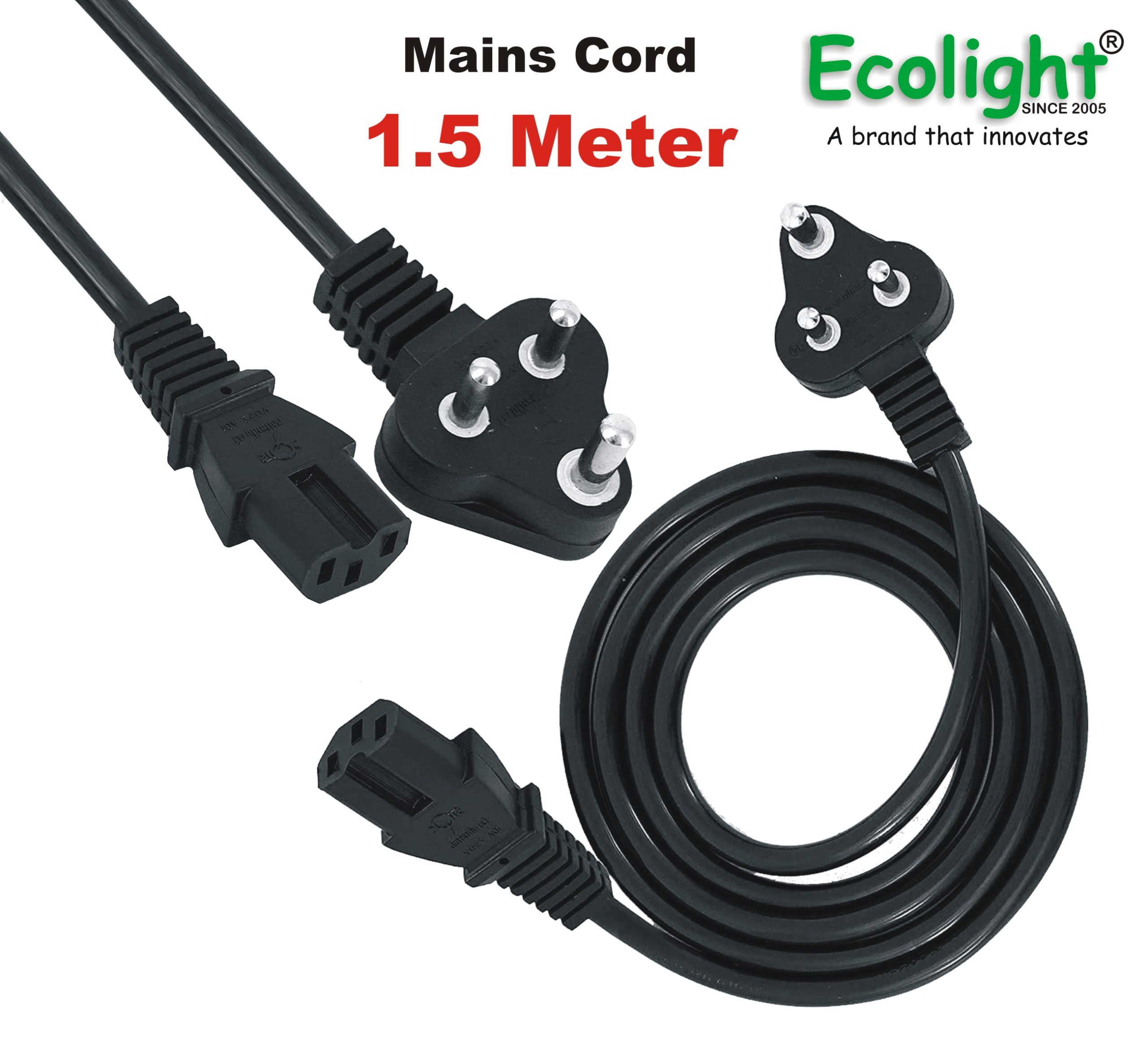 3 pin India Plug IEC Mains Cord Computer Power Cable, Replacement for ...